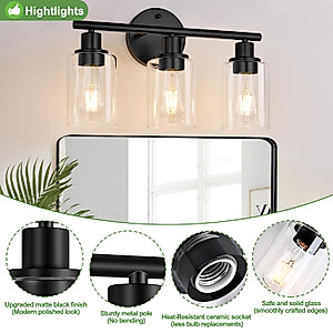 3-Light Bathroom Light Fixtures, Black Bathroom Wall Lights, Modern Bathroom Vanity Light with Clear Glass Shade, Bathroom Wall Lamp for Mirror Kitchen Bedroom Living Room Hallway Cabinet Porch