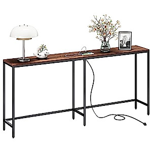 Rufokisa Console Table with Power Outlet, 70.9" Narrow Sofa Table, Skinny Sofa Hallway Table, Industrial Entryway Table with USB Ports, Behind Couch Table for Foyer, Living Room, Hallway, Bedroom
