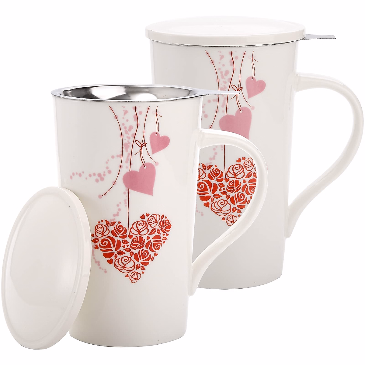 Okllen 2 Pack Ceramic Tea Cup with Filter and Lid, 18 Oz Large Ceramic Tea Mug Tea Infuser, Tea Brewing Diffuser Strainer Cup for for Loose Tea, Travel, Office and Home Use, Women Gifts