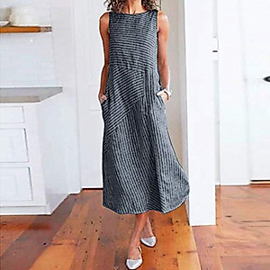 Linen Dresses for Women, White Linen Dress Womens Dresses Casual Women Casual Striped Print Sleeveless Dress Neck Linen Pocket Long Dress House Dress for Women Linen Dresses(Navy,Large)