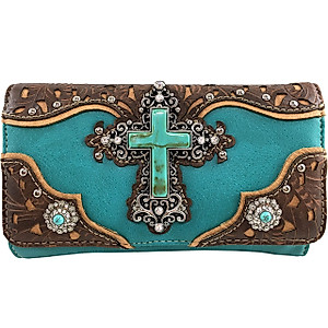 Zelris Turquoise Rhinestone Cross Western Women Crossbody Wrist Trifold Wallet (Turquoise)