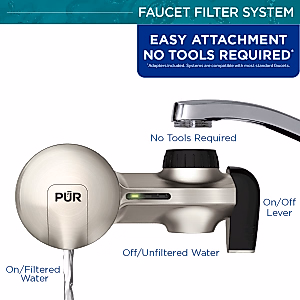 PUR PLUS Horizontal Faucet Mount Water Filtration System, 3-in-1 Lead Reducing Filter for Great-Tasting Filtered Tap Water, Lasts 100 Gallons, Fits Most Kitchen or Bathroom Faucets, Stainless Steel