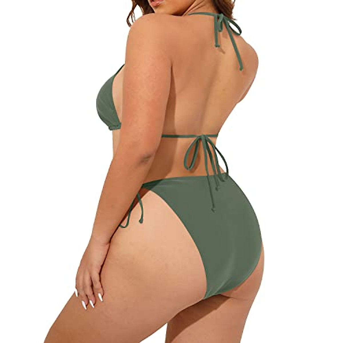 Tempt Me Women Plus Size Triangle Bikini String Two Piece Halter Tie Side Swimsuit Army Green 16 Plus