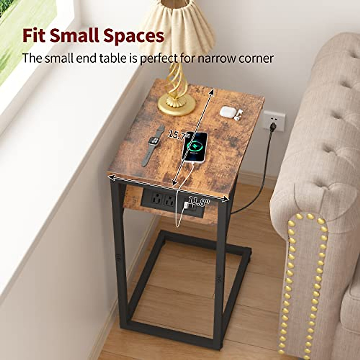 NONGSHIM Side Table, Slim C Shaped End Table with Charging Station, Small Snack Table for Living Room, Bedroom, Sofa Table with USB Ports and Outlets for Small Spaces, Rustic Brown