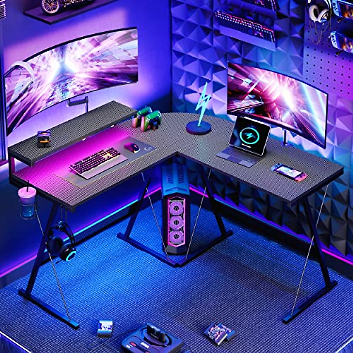 Bestier Gaming Desk 51 Inch LED L Shaped Computer Corner Desk with 32" Large Monitor Shelf Gamer Desk Workstation Reversible 63" Long Desk for 2 Persons Cup Holder Headset Hook, Carbon Fiber Black