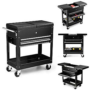 ERGOMASTER Utility Service Cart Tool on Wheels Heavy Duty Metal 4 Tiers Shelves with Drawers Tool Storage Organizer for Warehouse,Garage and Workshop
