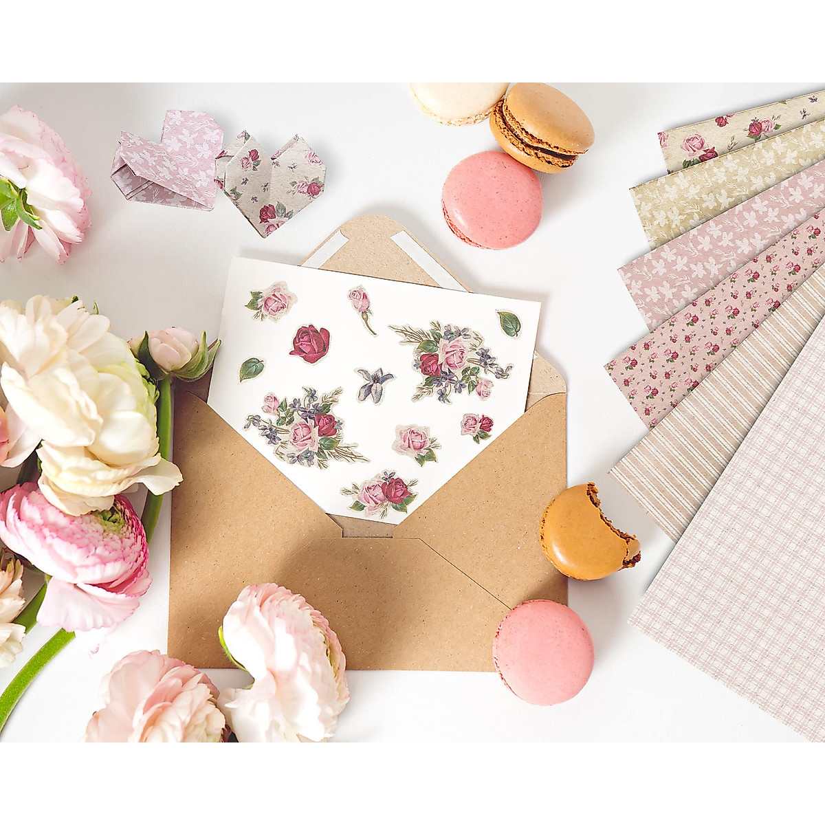 Whaline 12 Designs Spring Pattern Paper Pack 24 Sheet Rose Floral Scrapbook Specialty Paper Pink Double-Sided Collection Decorative Craft Paper for Card Making Scrapbook Photo Album Decor, 30 x 30cm