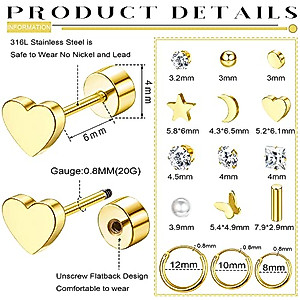 Florideco Small Tiny Stud Earrings for Women Men Hypoallergenic Flat Back Earrings 14K Gold Plated Surgical Stainless Steel Earrings Sets Screw Back Cartilage Earrings