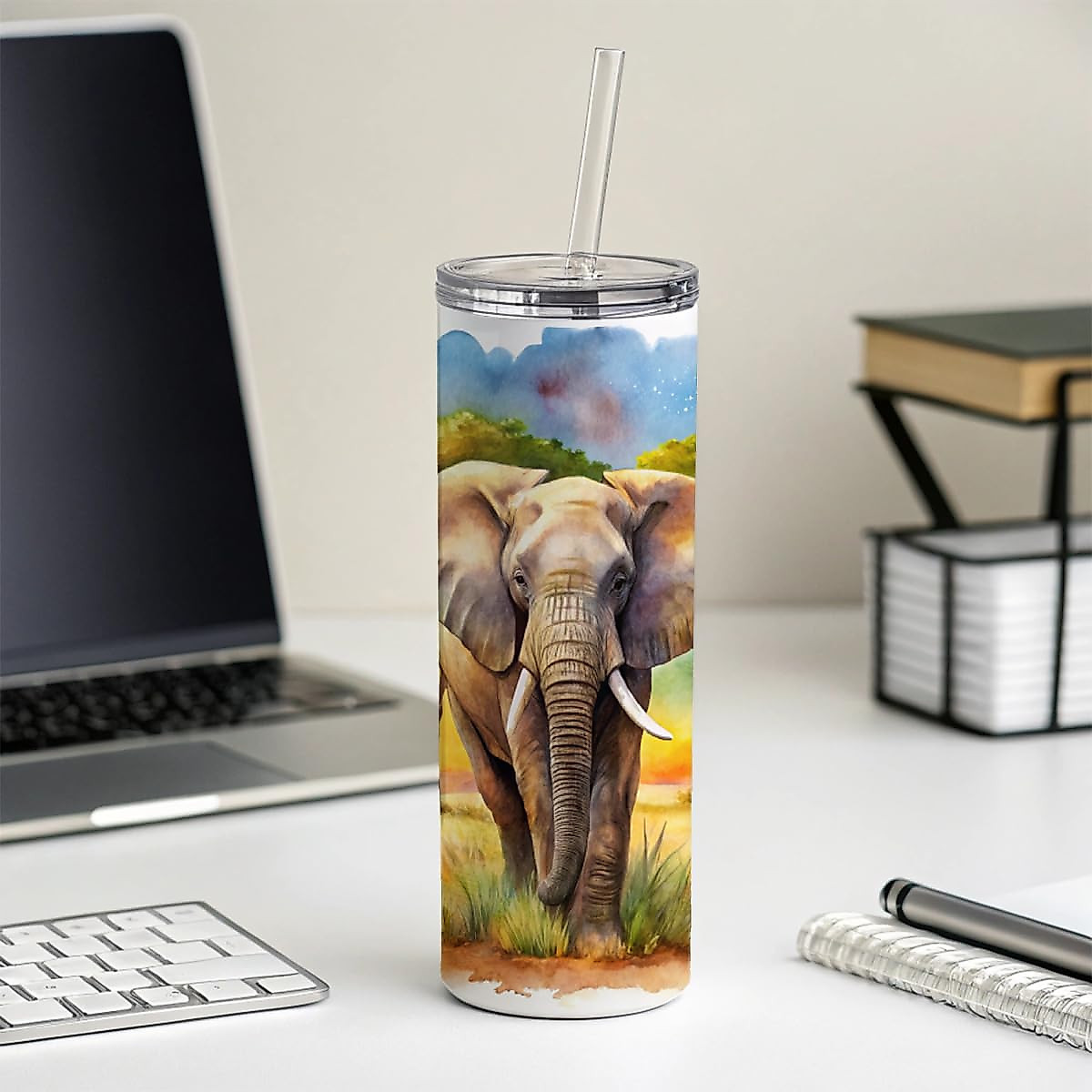 Elephant African Plain Watercolor Design Skinny Tumbler 20oz with Straw Insulated Water Bottle Gift