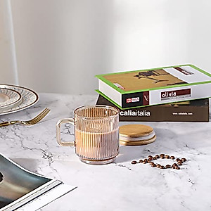 Joeyan Amber Glass Coffee Mugs Set of 2-11.5 oz Striped Coffee Cups with Lid - Large Drinking Glasses with Handle for Latte, Coffee, Tea, Milk, Juice