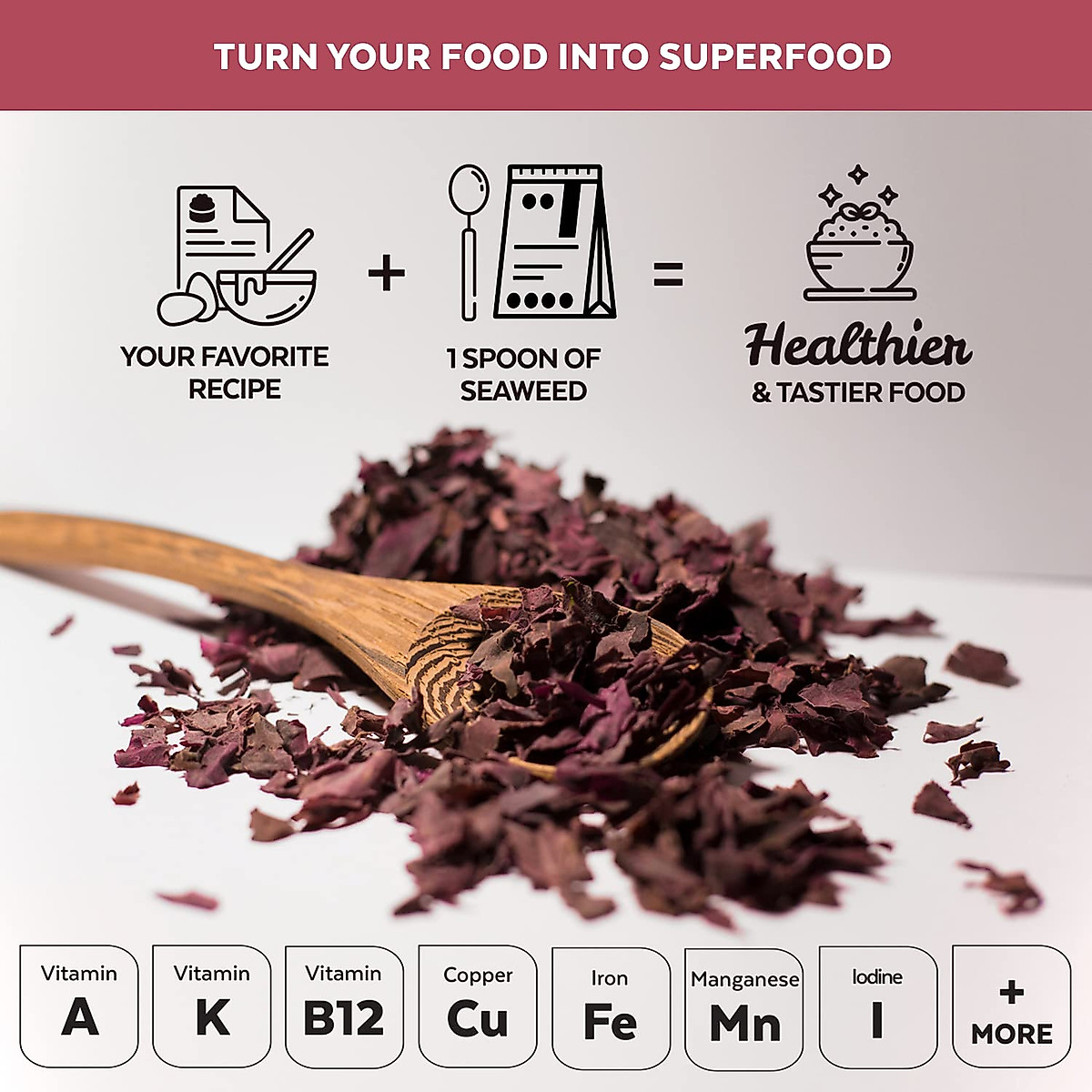 Organic Atlantic Dulse Flakes - Young Baby Seaweed Grown in North Atlantic, Vacuum Dried Premium Quality. Soft Texture & Mild Taste. Add 1 tsp to your dish for daily vitamins/minerals. 30 Servings