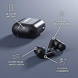 Happy Plugs Air 1 ANC – Premium Quality True Wireless Bluetooth Earbuds – Charging Case & Built-in Microphones – Excellent Active Noise Cancelling – 38 Hours Battery Life - Black