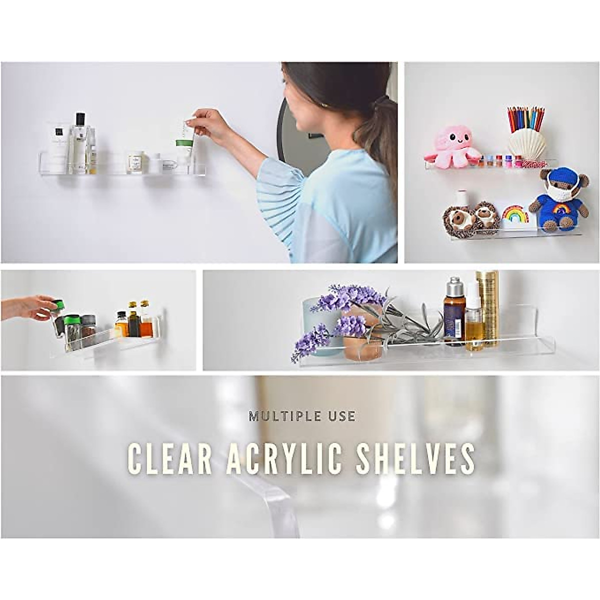 Dino74 Thick Clear Acrylic Floating Shelves – Set of 4 Invisible Spice Lip Shelf, Wall Mounted Bathroom Storage, Nursery Kids Bookshelf, Toys Display, Room Décor for Living Room, Bedroom