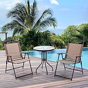 VredHom 3 Piece Patio Bistro Set,Outdoor Conversation Set Outdoor Patio Furniture Set Round Glass Top Table with 2 Folding Chairs for Balcony,Porch,Deck(Beige)