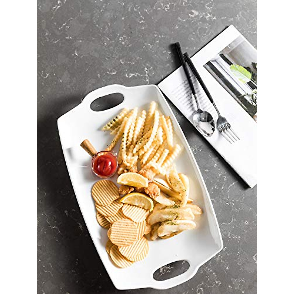 LAUCHUH Serving Platter with Handle Extra Large Porcelain Serving Tray Large Turkey Platter Perfect for Party Display 15.75-Inch, Dishwasher and Oven Safe, Set of 2, White