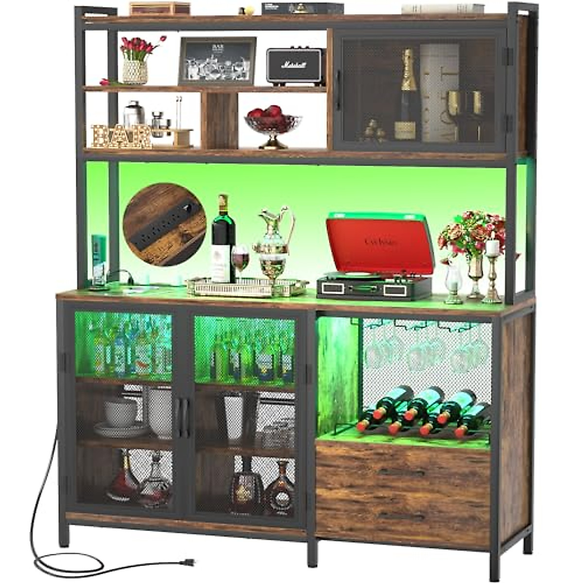 Cyclysio 7-Tier Wine Cabinet with Large Storage Space, Tall Home Bar Cabinet with Power Station & LED Light, Farmhouse Liquor Cabinet with Storage Drawers, Hutch, Wine Rack, Farmhouse