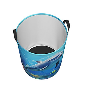 Cute Dolphin Printed Circular Hamper Laundry Basket For Bathroom Toy Storage Organizer Basket Collapsible Round With Handles Laundry Hamper