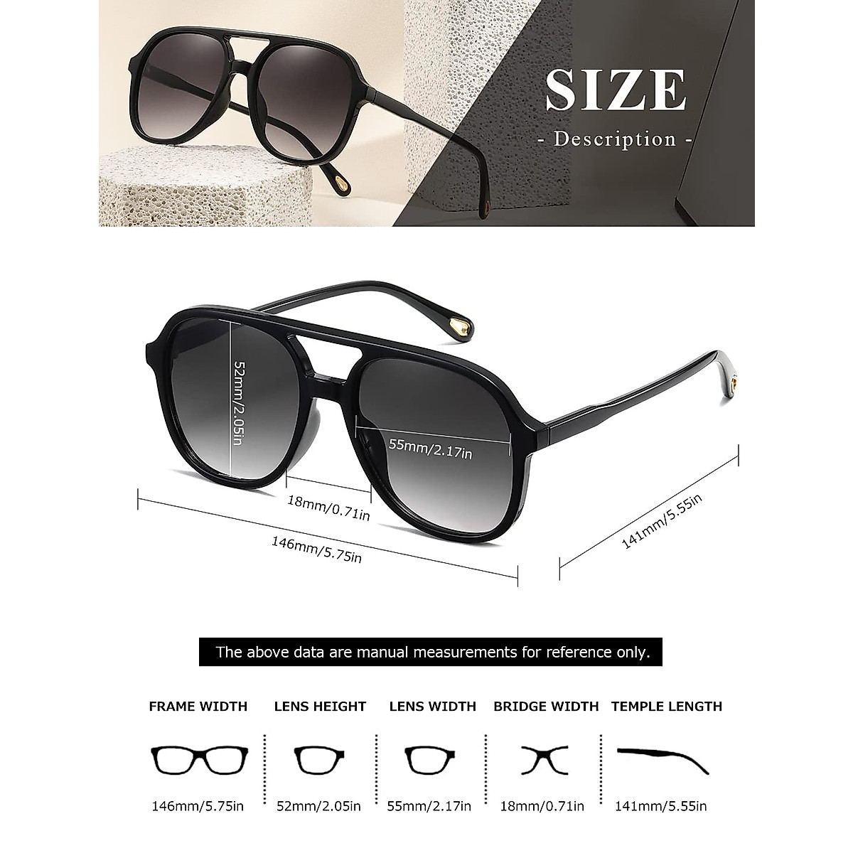 MASDUN Retro Square Aviator Sunglasses Womens Mens 70s Stylish Vintage Double Bridge Sun Glasses