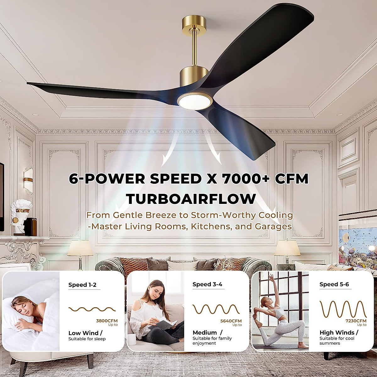 BOOSANT Ceiling Fans with Lights, Ceiling Fans with Lights and Remote Control, 52 inch Ceiling Fan with Light, Outdoor Ceiling Fans for Patios 3 Blade Bedroom Living Room-Matte Black and Gold