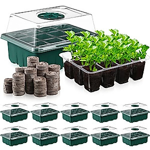 10 Pack Seed Starter Tray 120 Cells Total Tray 150 Peat Soil Peat Pellets for Seedlings Plant Grow Seed Box Tray with Adjustable Humidity Dome Base Garden Propagator Set for Plant Germination Growing