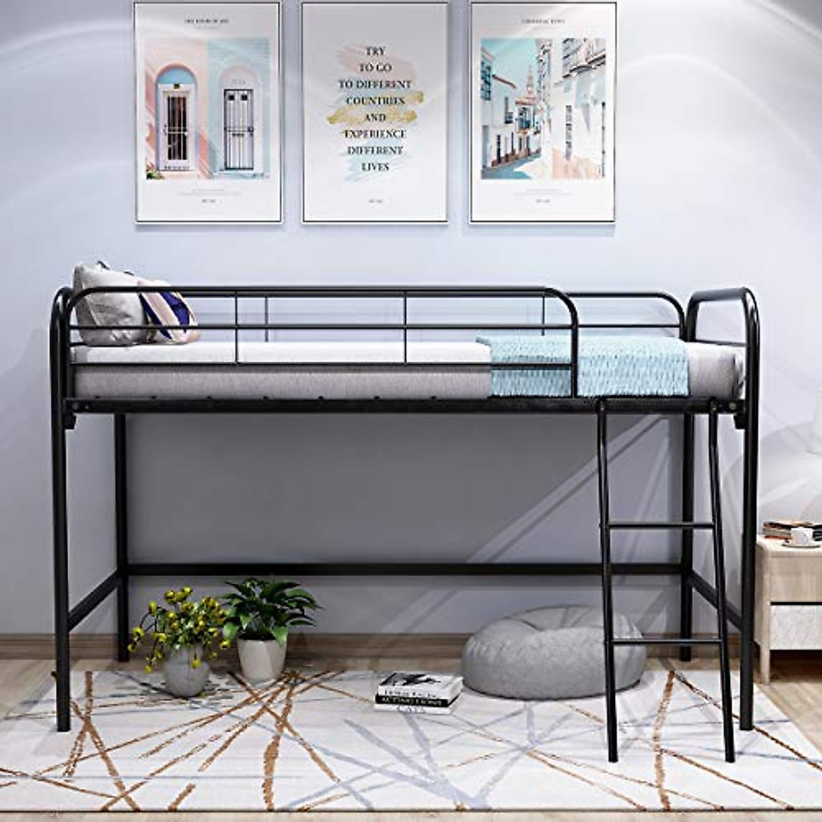 JURMERRY Metal Loft Twin Bed with Sturdy Steel Frame, High Sleeper Multipurpose Use Full-Length Guardrails & One Integrated Ladders Space- with Strong Board Slats,Black