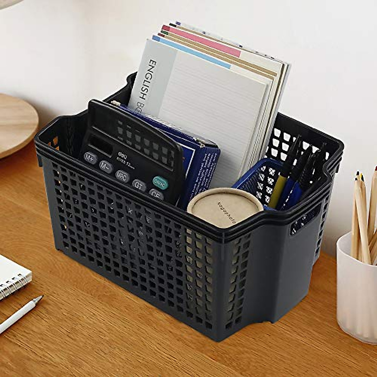 Bringer 6-Pack Stacking Plastic Storage Baskets, Black Plastic Storage Organizer Bins
