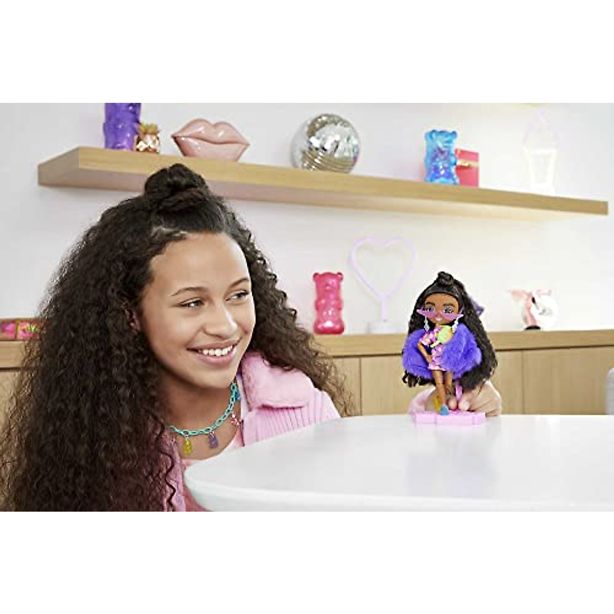 Barbie Extra Minis Doll #1 (5.5 in) Wearing Sprinkle-Printed Dress & Furry Coat with Doll Stand & Accessories Including Micro Sunglasses and Waist Bag, Gift for Kids 3 Years Old & Up​