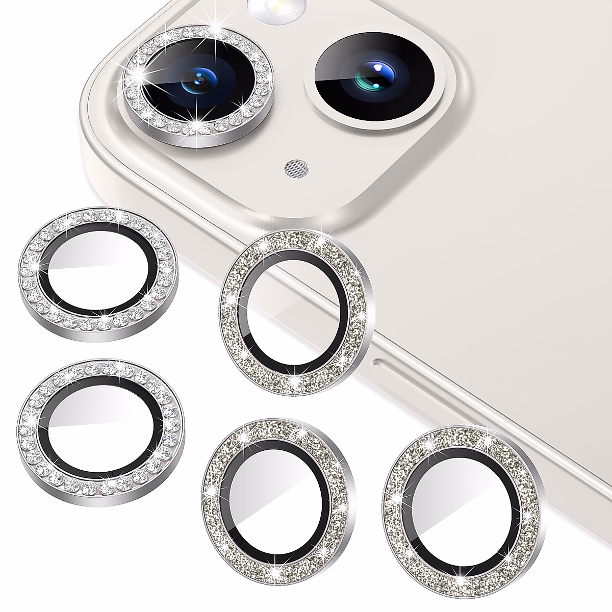 AGVEE 3+3 for iPhone 14 6.1" / 14 Plus 6.7" Camera Lens Protector, Bling Diamond & Bling Glitter Metal Ring 9H Tempered HD Glass Camera Protector Cover Film, Bling-Silver