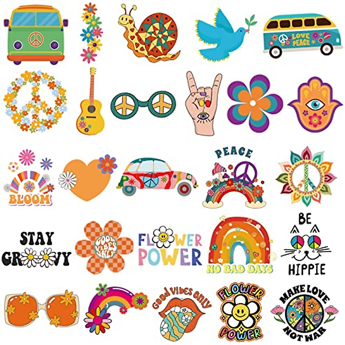 Ooopsiun Hippie Temporary Tattoos for Kids - 70 Styles,Groovy 70s Peace and Love Flower Power Birthday Party Favors for Boys Girls