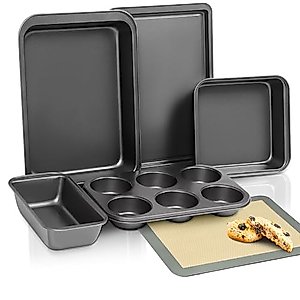 LINKLIFE Non Stick Baking Pans Set 5+1 Piece, Carbon Steel Bakeware Sets w/Oven Mat, Square Cake Pan, Cookie Sheet, Deep Roasting Pan, XL Cup Muffin, Deep Roasting Pan, Loaf Box