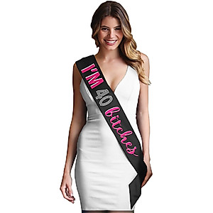 40th Birthday Decorations - Premium GRADE SATIN Hot Pink Glitter with Rhinestones I'm 40 Bitches Premium Satin Sash - Birthday Gifts - Black Sash(Im40Btchs HP) BLK