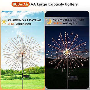 ReyeeInc Solar Sparkler Lights, 800mAh Solar Powered Garden Fireworks Lamp Decorative Solar Outdoor Fairy Lights with 150 LEDs and 2 Lighting Modes for Patio Yard Pool Decor 2 Pack (Warm White)