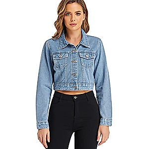 PEIQI Women’s Cropped Jean Denim Jacket Button Down Long Sleeve with Pockets Light Blue Medium