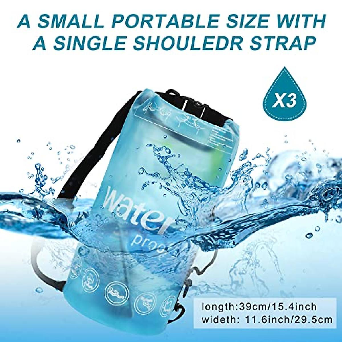 Lewtemi 3 Pieces Waterproof Dry Bag 5L Roll Top Transparent Dry Storage Bag Backpack Lightweight Dry Pack for Men Women Travel Swimming Boating Kayaking Camping Beach Fishing Surfing