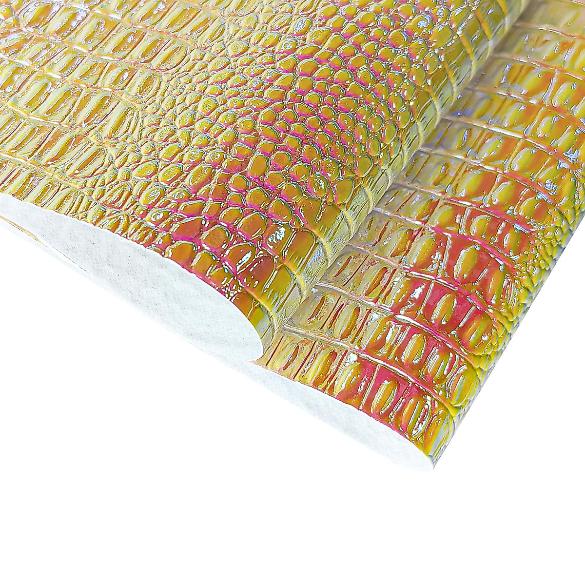 JINR Holographic Geometric Diamond Embossed Yellow Faux Leather Sheets, 12"X53" Textured Metallic PU Fabric Roll for Crafts Bows Bags Sewing