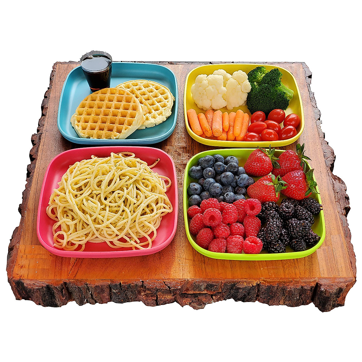 1 Click Bamboo Kids Plates, (4 Color Set), Stackable, Reusable, Deep sides for Easy Kids, Toddlers and Big Kids Feeding, Dishwasher Safe, Bamboo Dinnerware Set