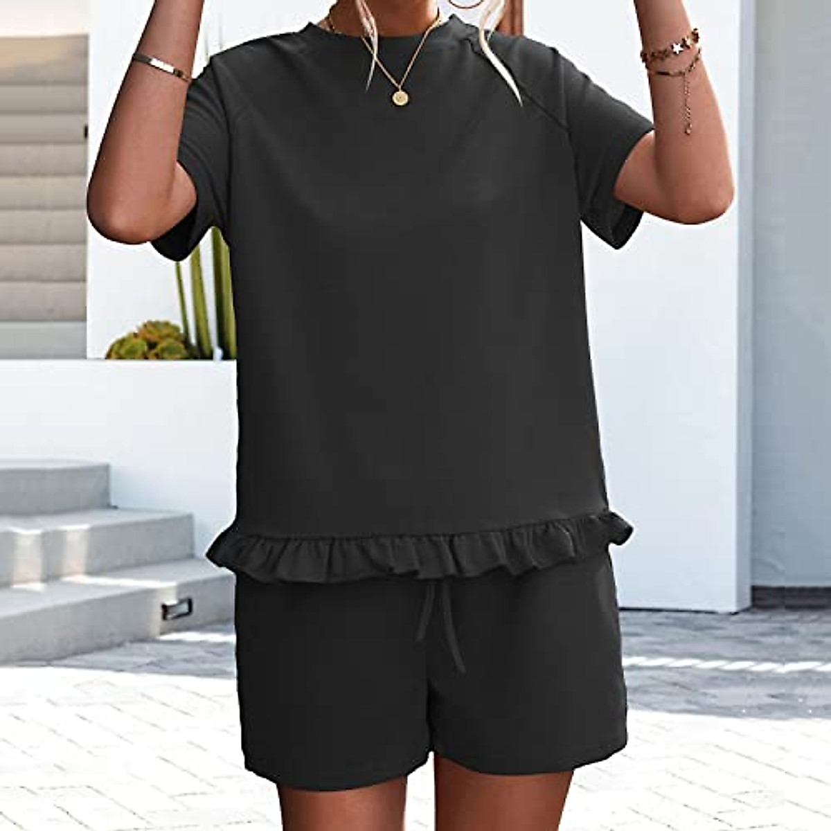 Women's Spring and Summer Pure Color Round Collar Leaf Edge Short Sleeved Shorts Casual Suit Black