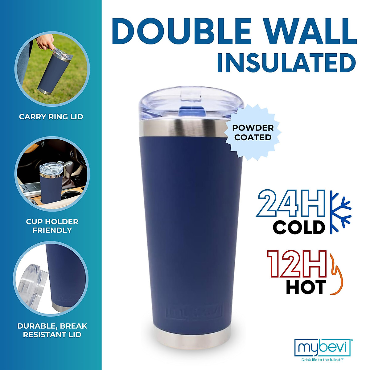MyBevi Classic Premium Stainless Steel Tumbler with 12-Hour Temperature Control, Tritan Lid, and BPA-Free Construction | Navy Blue, 26 oz
