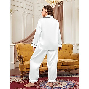 SWOMOG White Pajama Set for Plus Size Women Silk Satin Pajamas Long Sleeve Pjs Button-Down Pj Set Soft Sleepwear Set 18W
