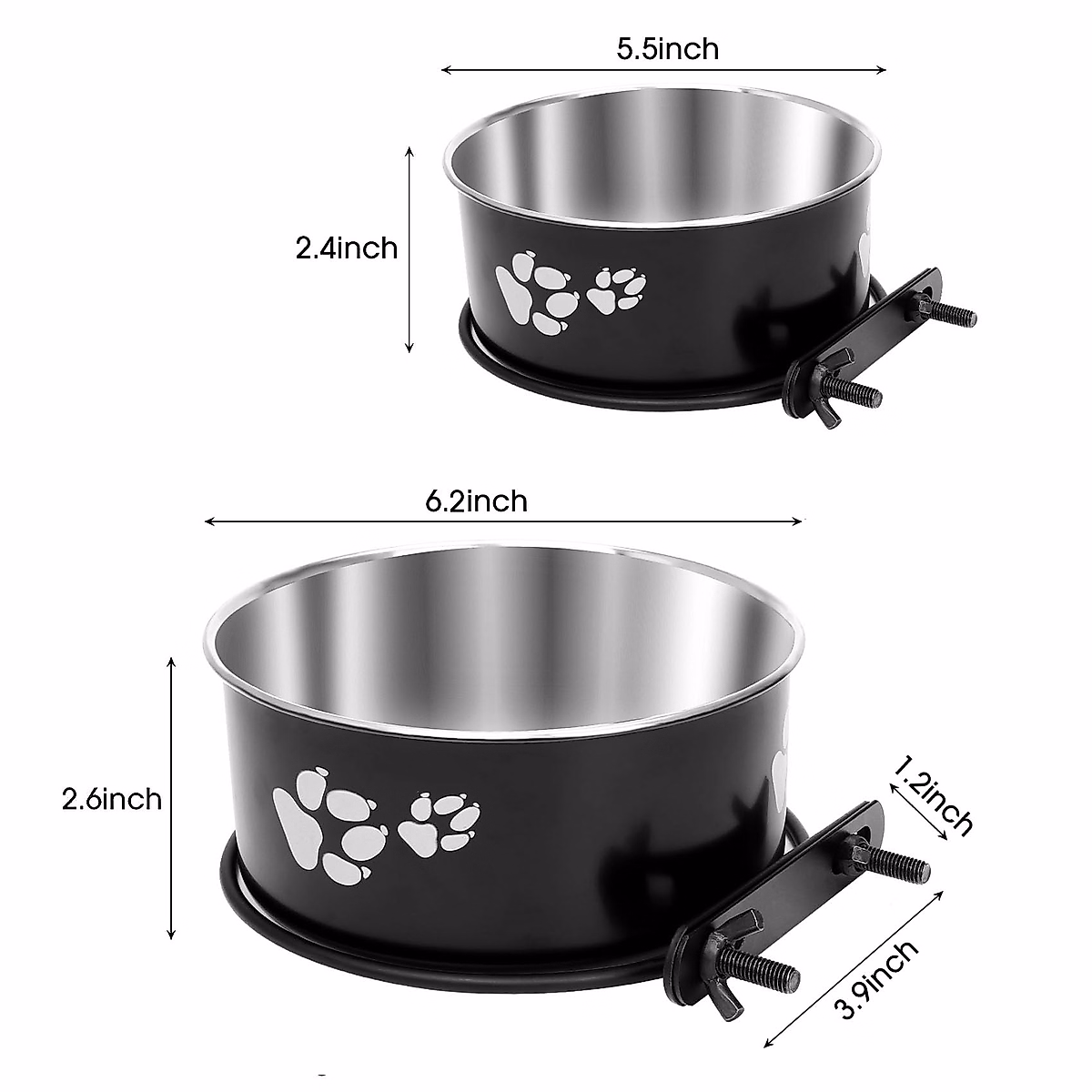 Kennel Water Bowl Hanging, ShineMe 2 Pack Stainless Steel Food and Water Bowl for Dog Cage, Crate, Kennel Bowls Mountable for Medium and Small Dogs, Cats, Pets (6.2x2.6” & 5.5x2.4”)