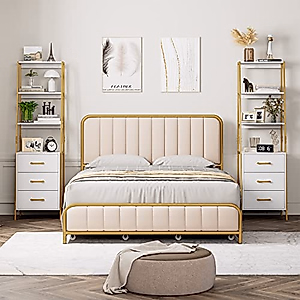 HITHOS 4-Tier Bookshelf, Tall Bookcase with 3 Wooden Drawers, Modern Ladder Book Shlef Storage Organizer for Living Room, Entryway, Office, White Gold