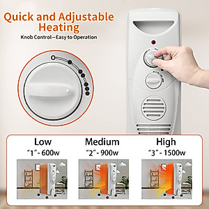 ZAFRO Oil Filled Radiator Heater, 1500W Portable Space Heater with Adjustable Thermostat, Oil Heater with 3 Heat Settings, with Tip-Over & Overheat Protection for Indoor, Room, Office and Home Grey