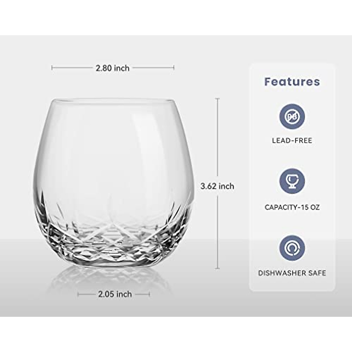 Hand Cut Stemless Wine Glasses by SHOSHIN - Lead-free Crystal Drinking Glass - Perfect gift for Him or Her (15 Oz, Set of 4)…