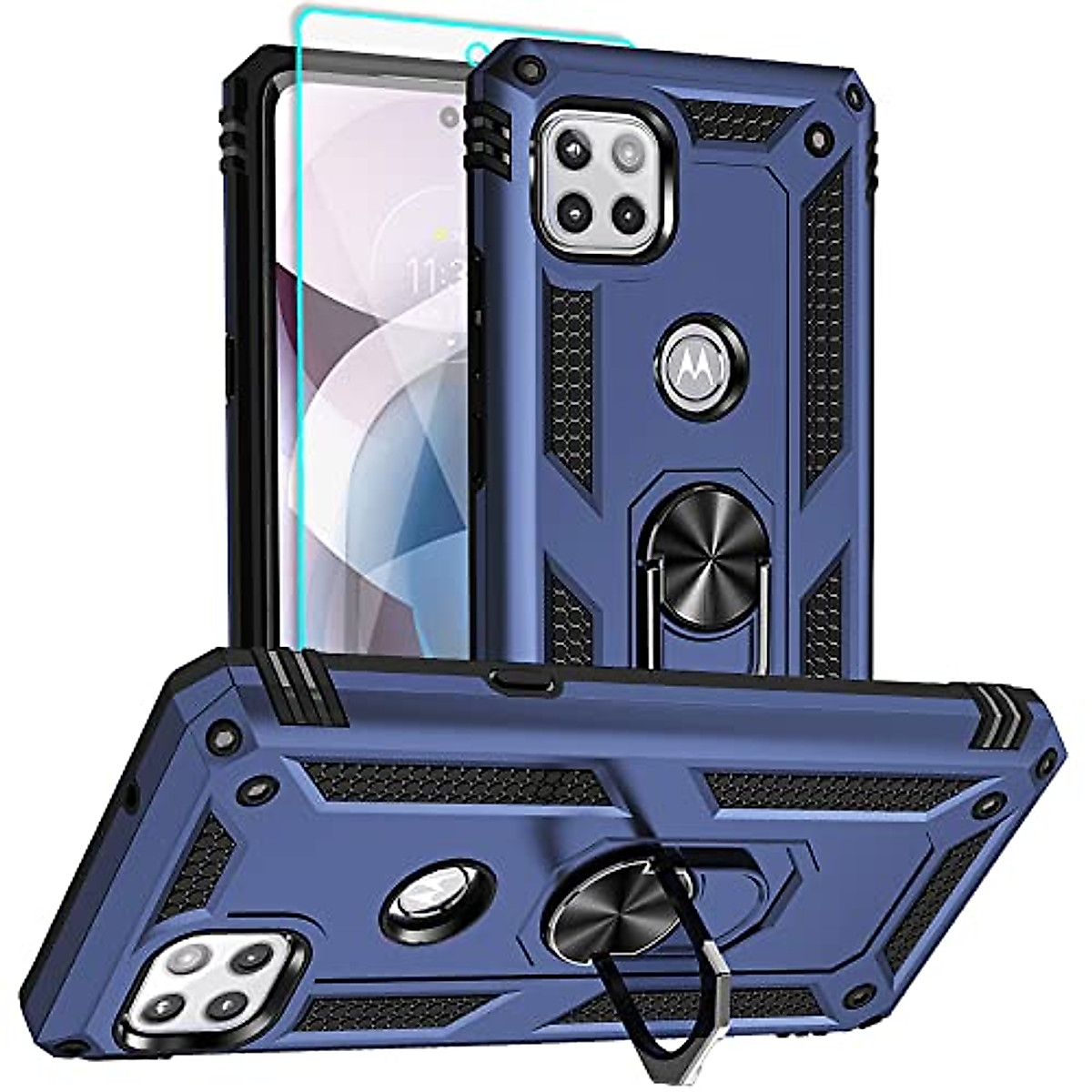 for Motorola One 5G Ace Phone Case, Moto One 5G Ace Case with HD Screen Protector, [Military Grade 16ft. Drop Tested] Ring Shockproof Protective Phone Case for Motorola One 5G UW Ace,Blue
