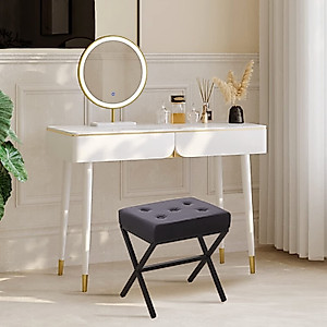 Cpintltr Velvet Ottoman Footrest Stool Tufted Vanity Stool Ottomans Thickened Cushion Footstool Mulifunctional Shoe Changing Seat Step Stools with Metal X Leg for Living Room Bedroom Black