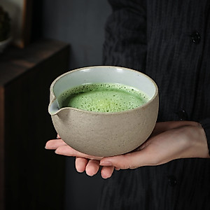 Japanese Tea Set (7pcs) Matcha Bowl with Pouring Spout Bamboo Matcha Whisk (chasen) Scoop (chashaku) Matcha Whisk Holder Tea Making Kit. N2, Darker Grey, Matcha Green Tea Powder