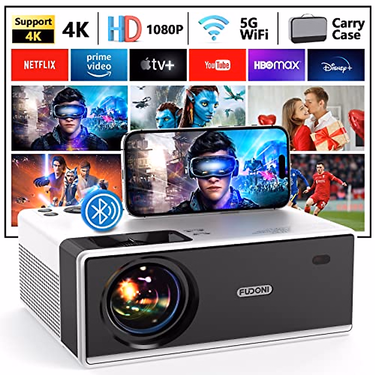 FUDONI Projector with 5G WiFi and Bluetooth, 2023 Upgraded Portable Movie Outdoor 1080P Full HD 400 ANSI Lumen Projector 4K Supported, Home Theater Media Video Projector for Phone/PC/USB/TV Stick/PS5