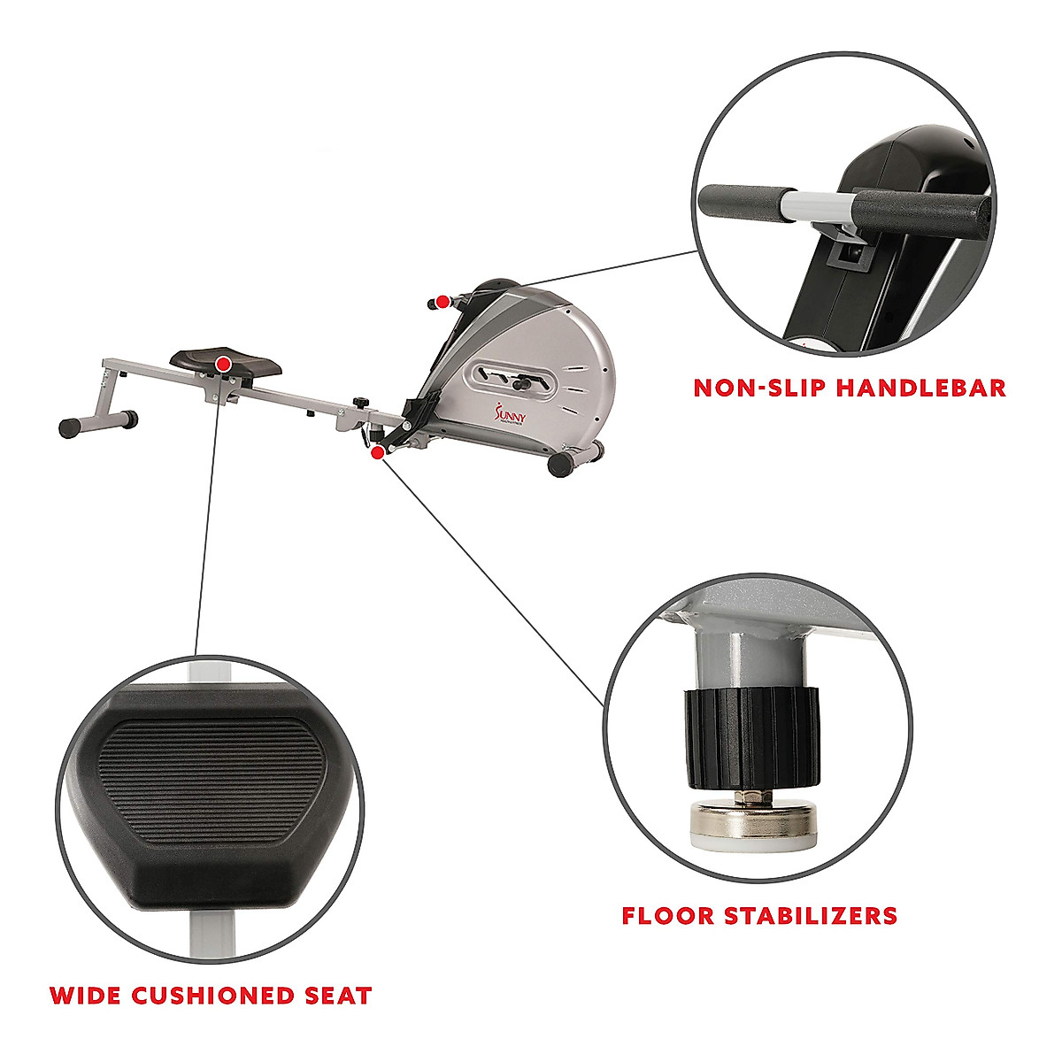 Sunny Health & Fitness Rowing Machine Rower Ergometer with Digital Monitor, Inclined Slide Rail, 220 LB Max Weight and Foldable - SF-RW5606