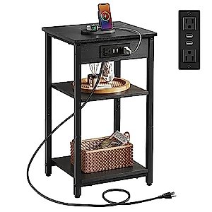 WLIVE End Table with Charging Station and USB Ports, 3-Tier Side Table with Adjustable Shelf, Side Table with Outlet for Small Spaces, Living Room, Bedroom, Black