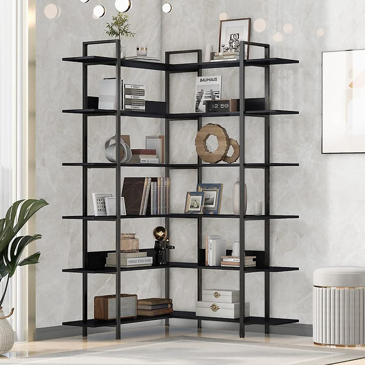 Tejomi Modern 6-Tier Corner Bookshelf, 74.8" Industrial L-Shaped Corner Bookcase with Metal Frame and Open Storage, Free Standing Storage Rack Display Rack for Living Room, Office, Hallway - Black